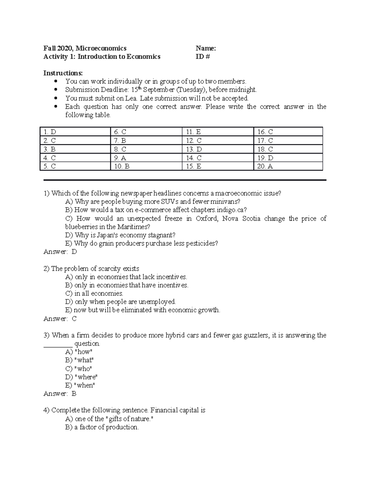 1 solution - Test 1 - Fall 2020, Microeconomics Name: Activity 1 ...