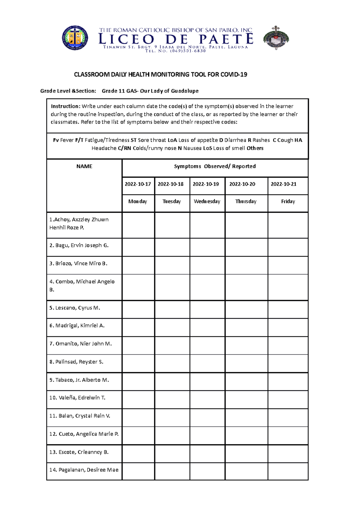 Classroom Daily Health Monitoring TOOL FOR Covid - CLASSROOM DAILY ...