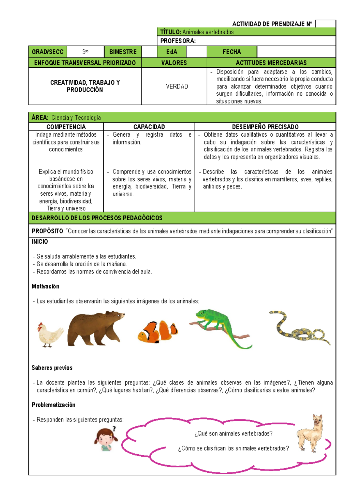 Sesión de aprendizaje animales vertebrados - ACTIVIDAD DE PRENDIZAJE Nº TÍTULO: Animales ...