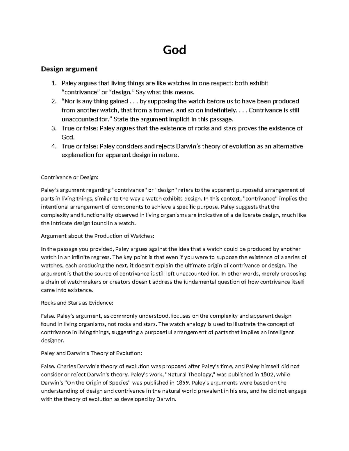 Norton intro questions - God Design argument 1. Paley argues that ...