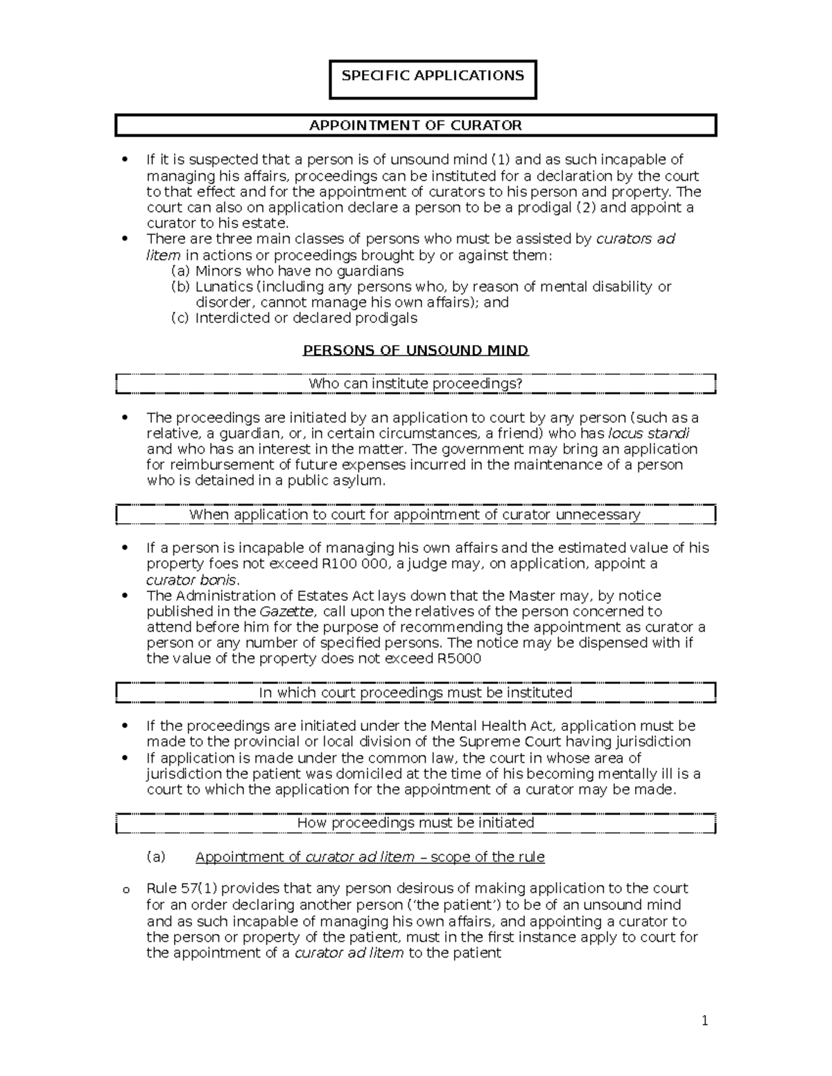 1a. Specific Applications - APPOINTMENT OF CURATOR If it is suspected ...