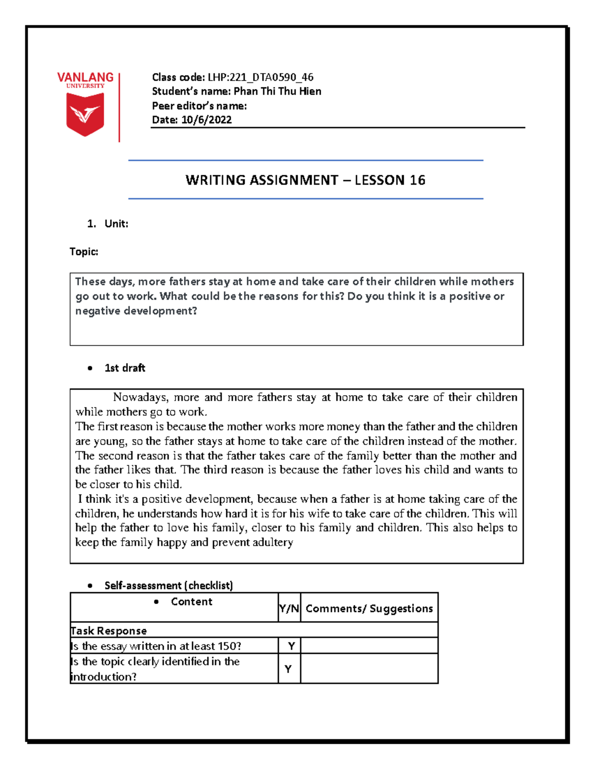 Writting LS16 - 2022 - Class code: LHP:221_DTA0590_ Student’s name: Phan Thi Thu Hien Peer ...