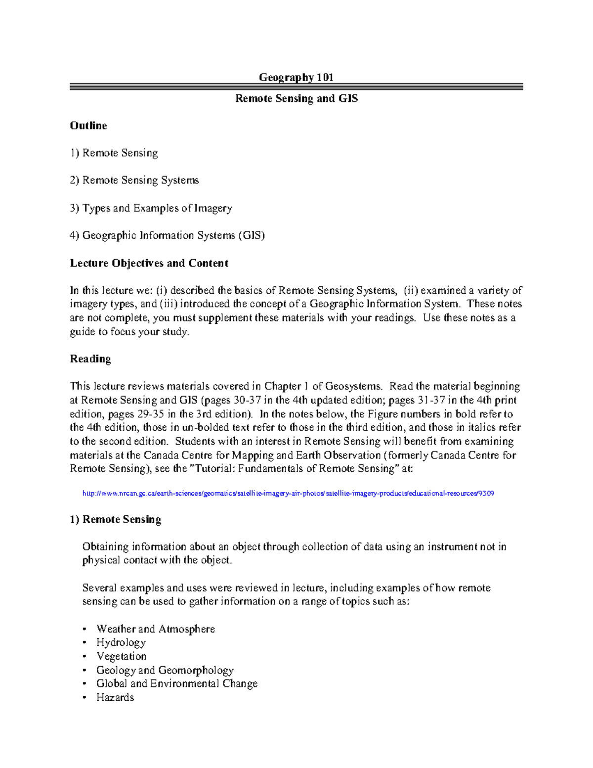 Gg101 lect3 - notes - Geography 101 Remote Sensing and GIS Outline ...
