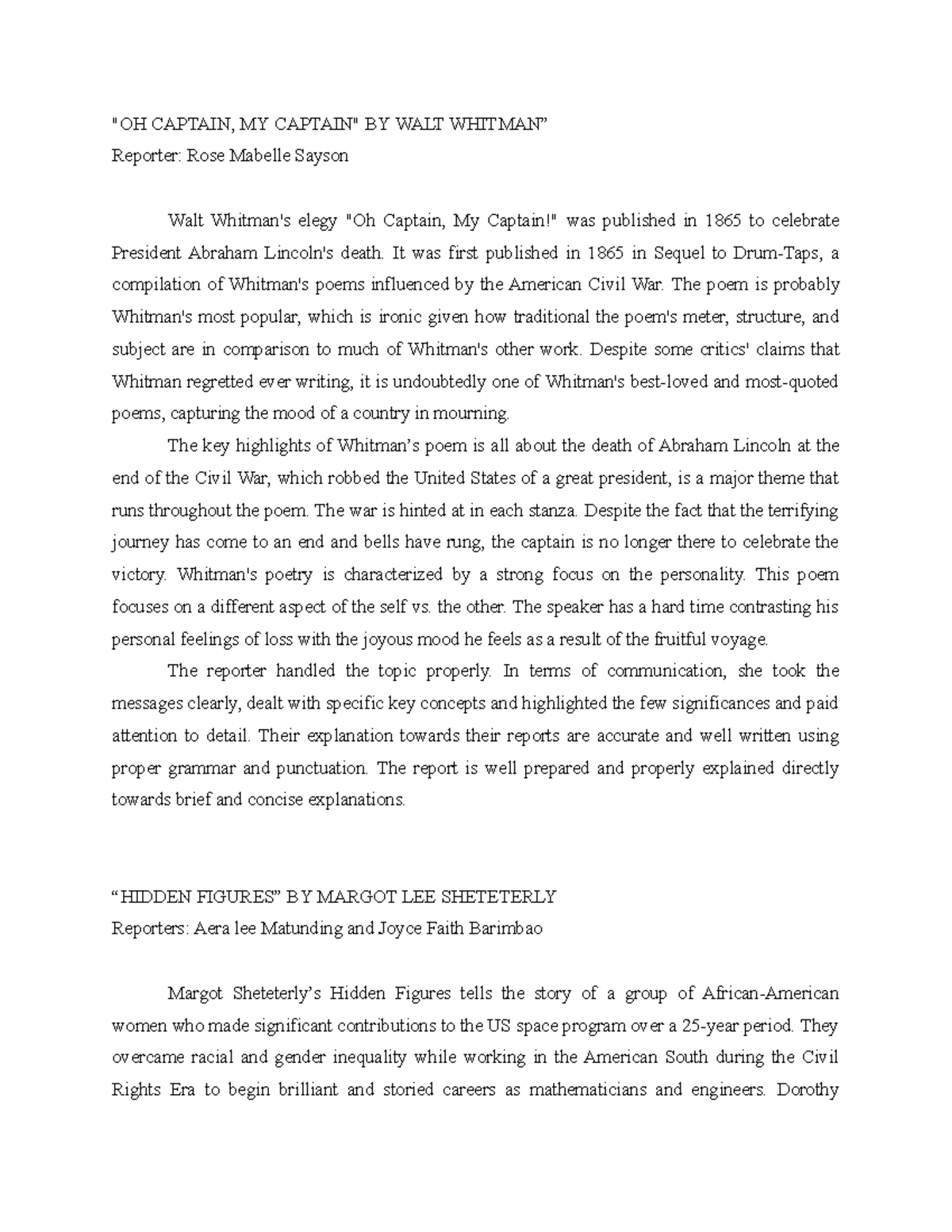 3 Reaction Papers Contemporary - "OH CAPTAIN, MY CAPTAIN" BY WALT ...