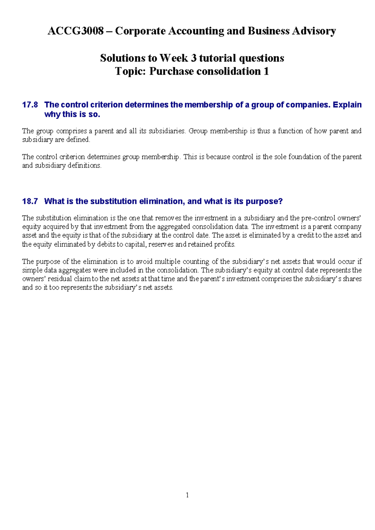 Week 3 tute solutions - ACCG3008 – Corporate Accounting and Business ...
