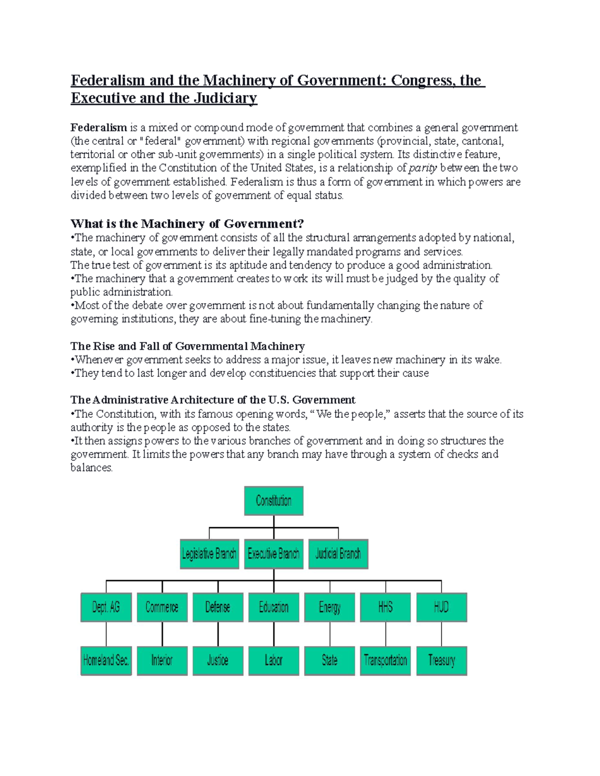 Federalism and the Machinery of Government ,Congress, the Executive and ...