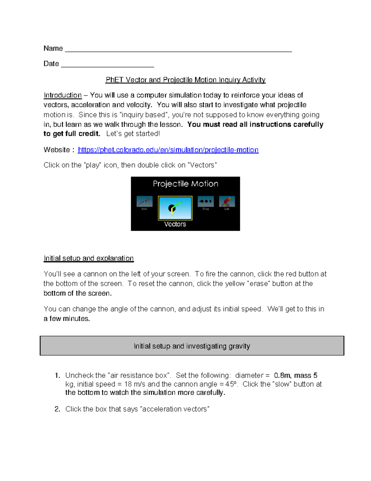 Diego Esquivel - exploring projectile motion PHET simulation - Name ...