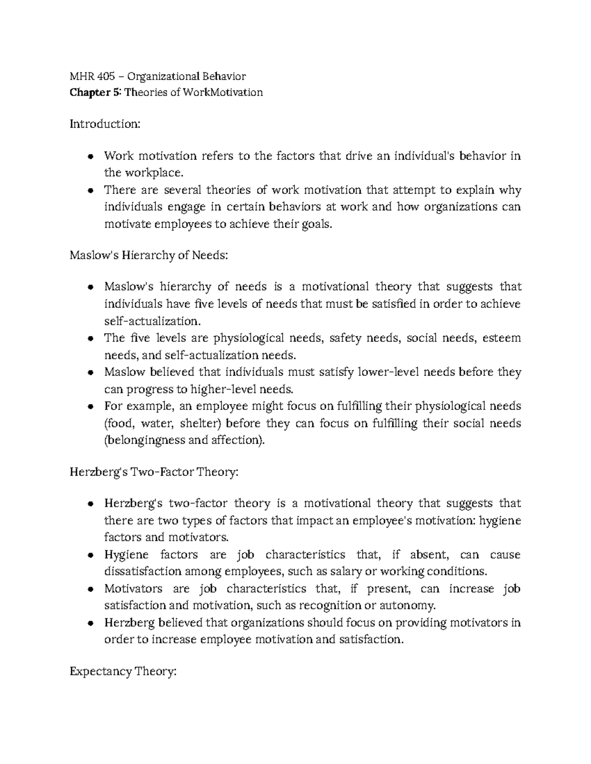 MHR 405 – Organizational Behavior Chapter 5 Theories of Work Motivation ...