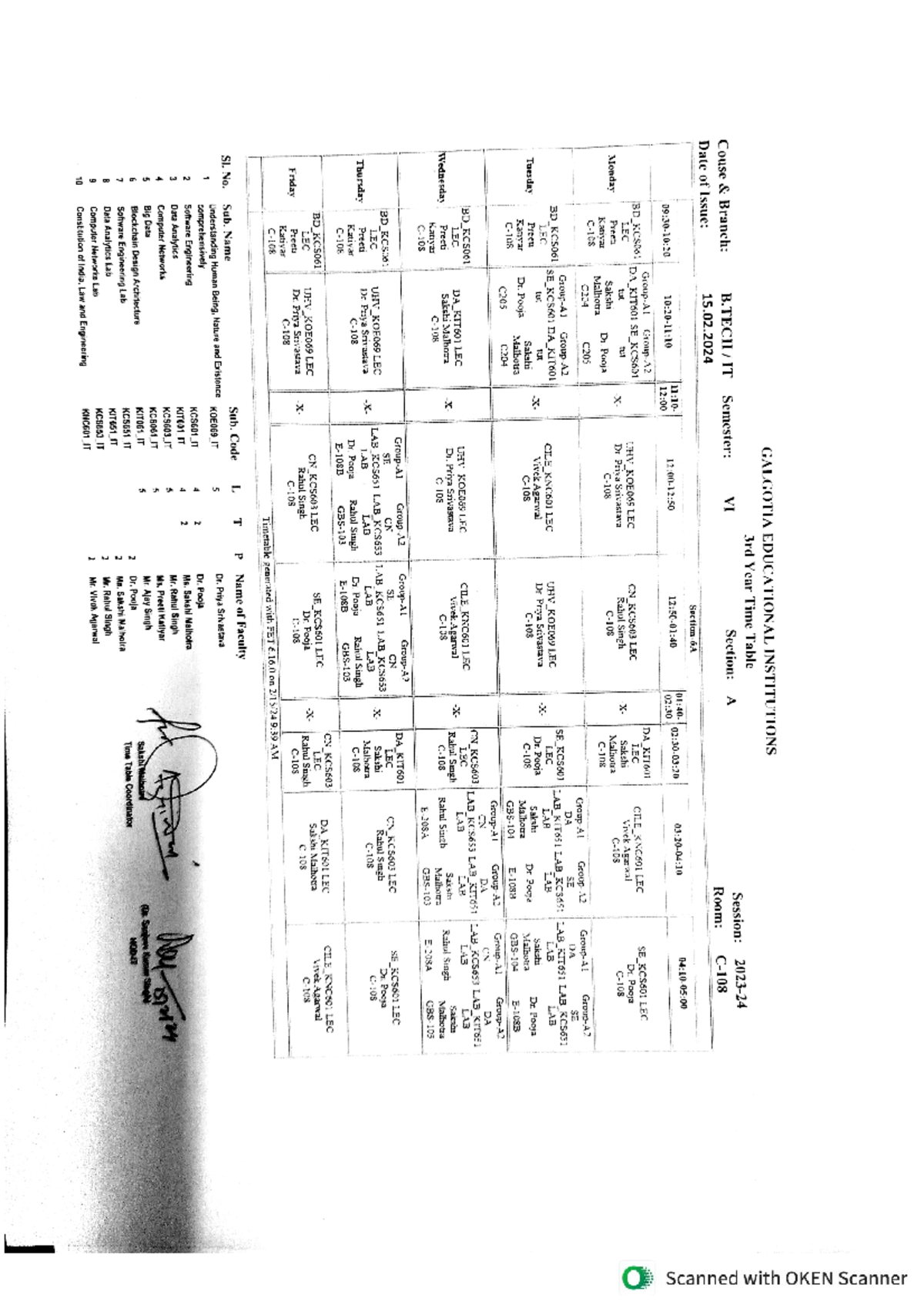 Time table even sem 6th A - B.tech - Studocu