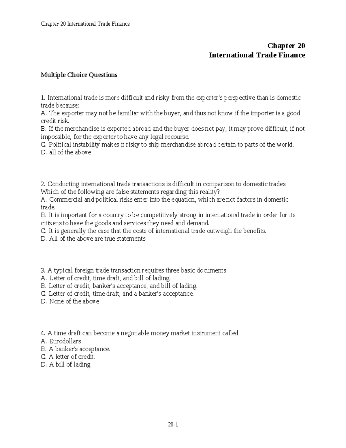 Textbook Chapter 020 MCQ - Chapter 20 International Trade Finance ...