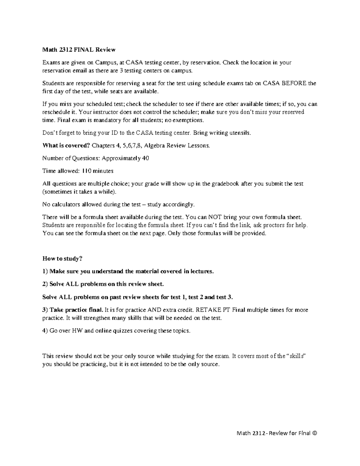 2312 review final - Math 2312 FINAL Review Exams are given on Campus ...