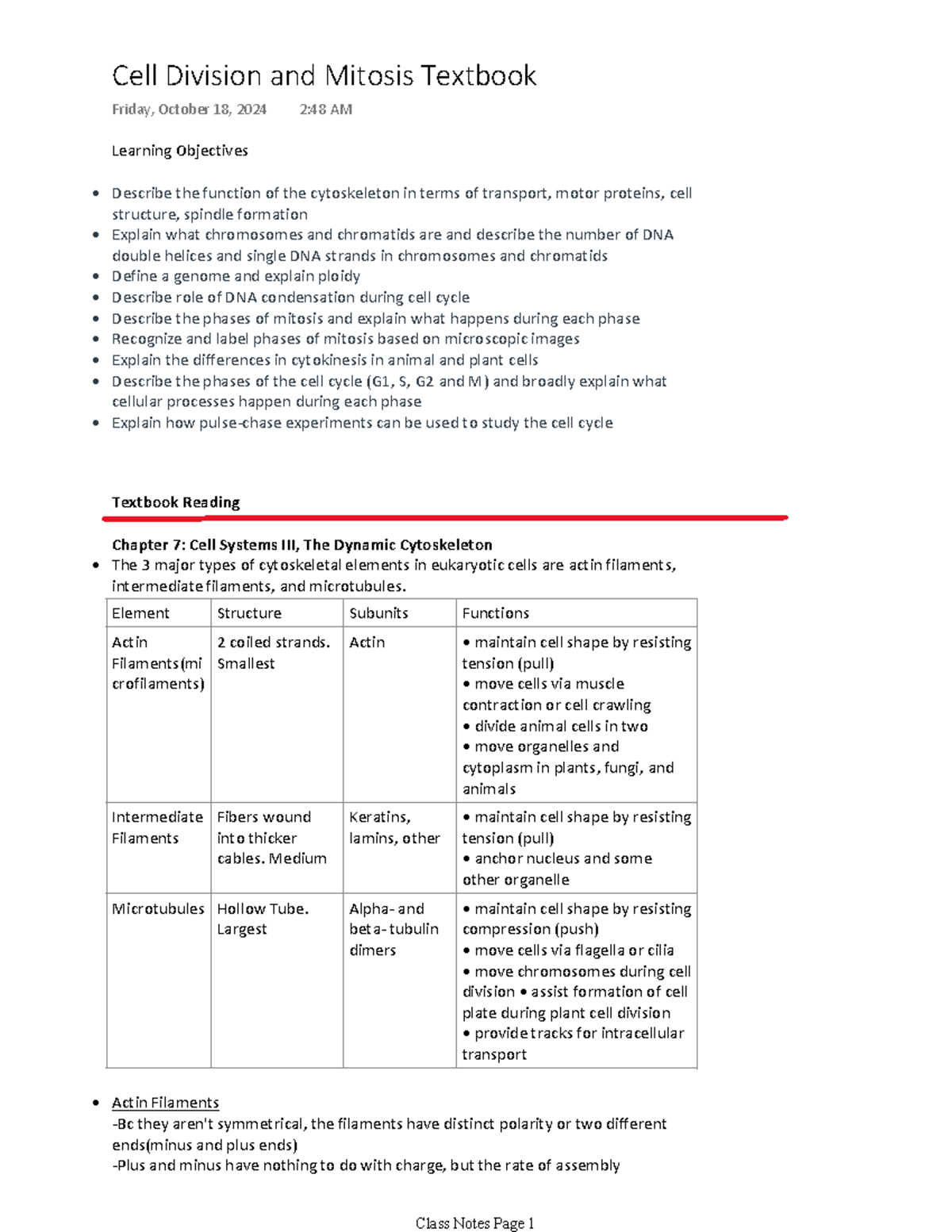 Biol 141 Cell Division and Mitosis Textbook Notes - Learning Objectives ...