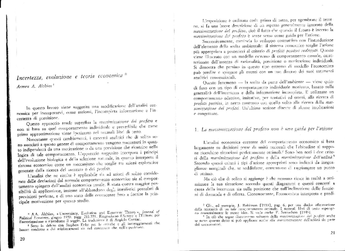 Alchian (1950) Incertezza - Successo - lncertezza, euohqione Arnen A ...