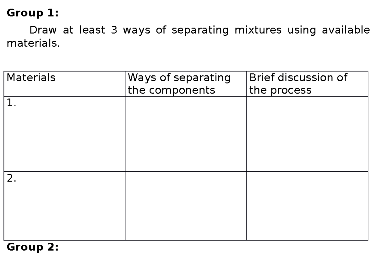 COT Activities - Group 1: Draw at least 3 ways of separating mixtures ...