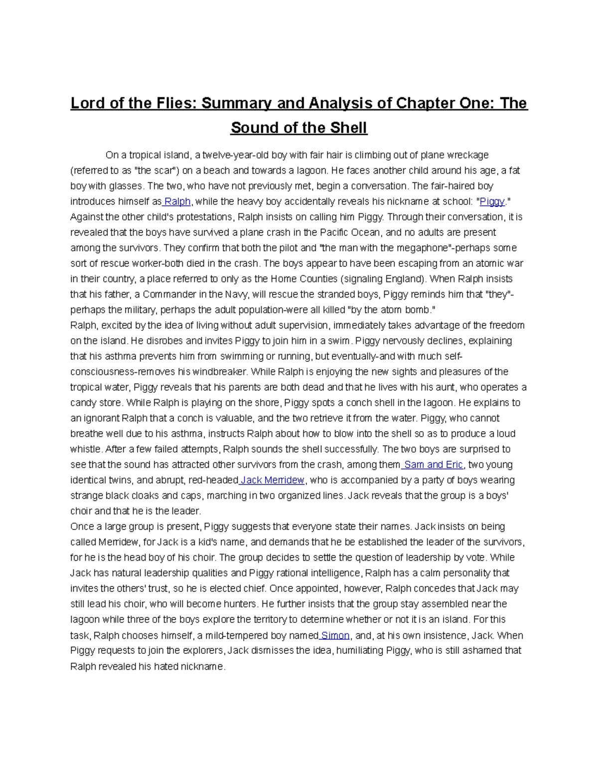 Lord of the Flies Summary and Analysis of Chapter One The Sound of the ...