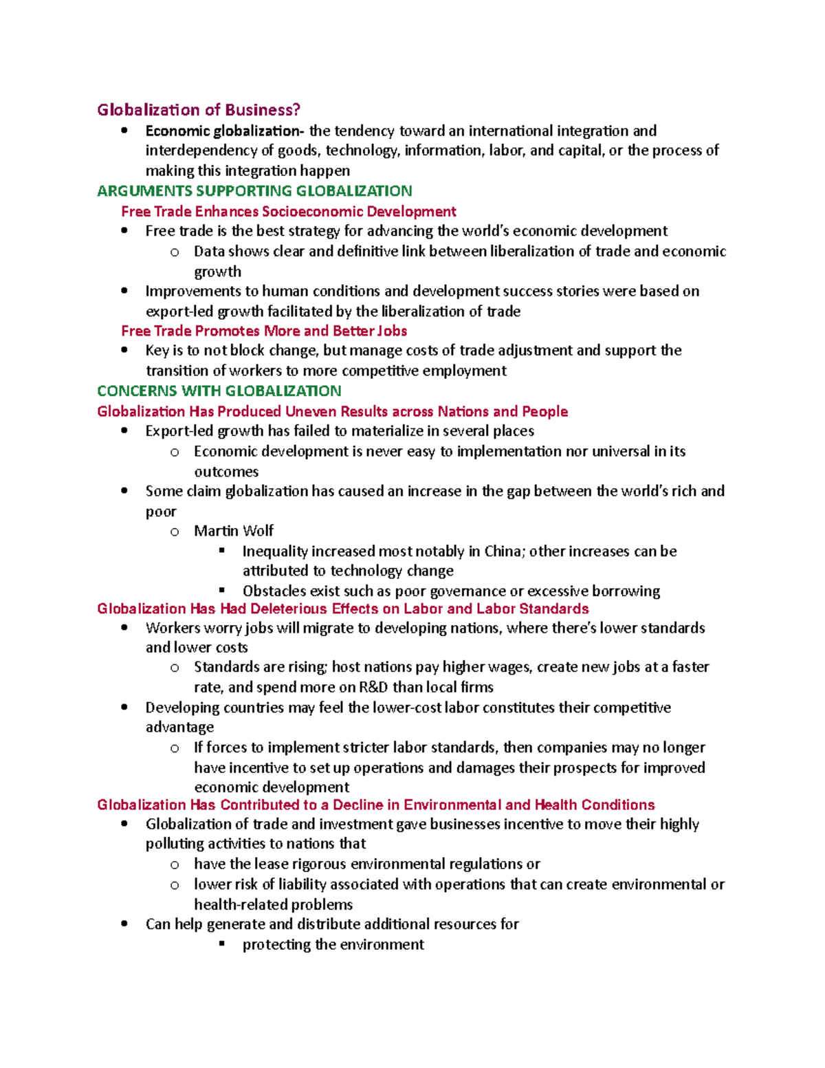 Review lecture notes - Globalization of Business? Economic ...