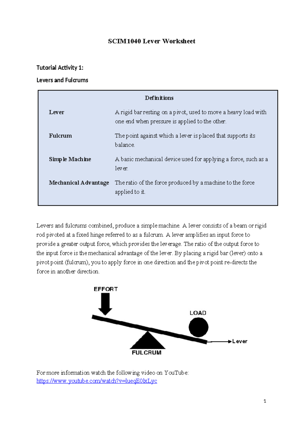 Lever Worksheet - SCIM1040 - SCIM1040 Lever Worksheet Tutorial Activity ...