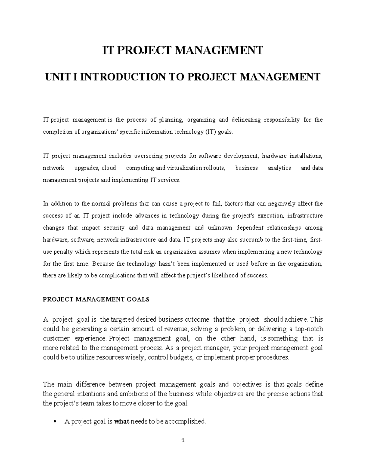 UNIT I IT project management Notes - IT PROJECT MANAGEMENT UNIT I ...