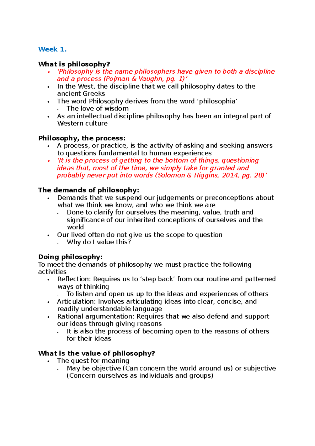 Philosophy - weeks 1-5 - Week 1. What is philosophy? ‘Philosophy is the ...