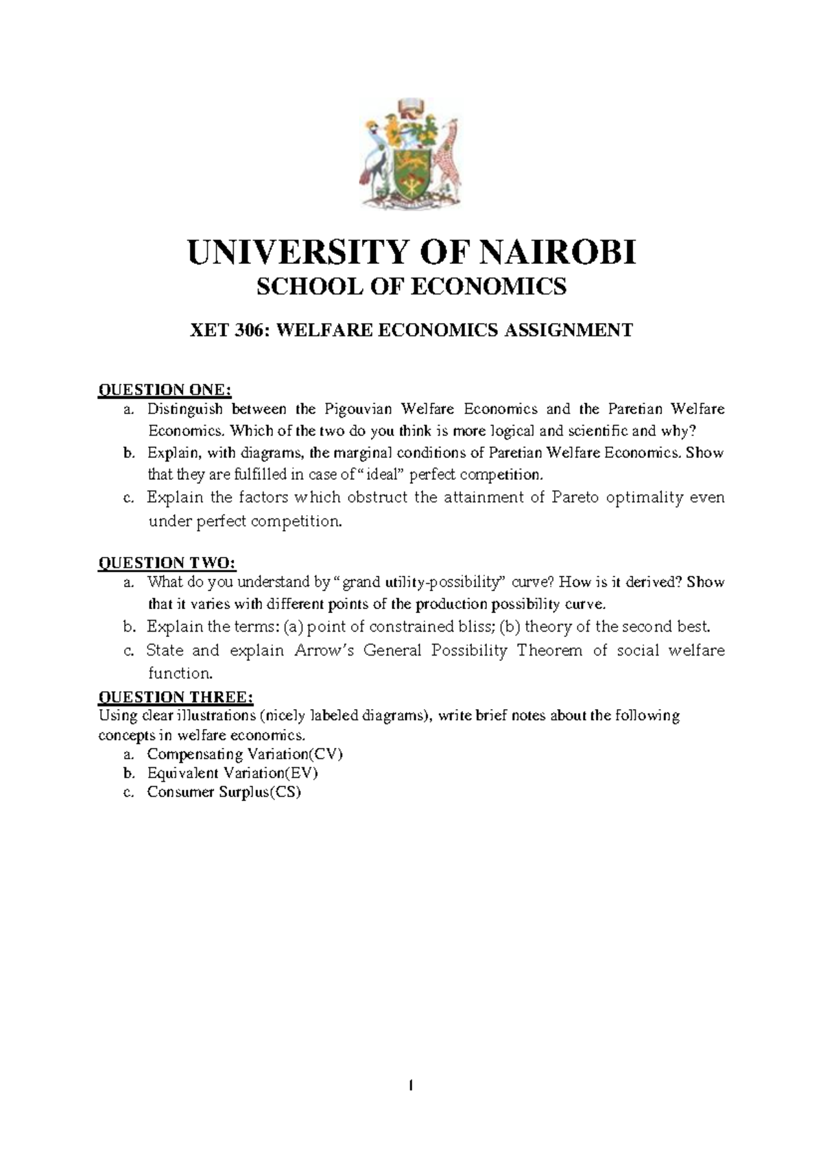 XET 306- Welfare Economics Assignment - 1 UNIVERSITY OF NAIROBI SCHOOL ...