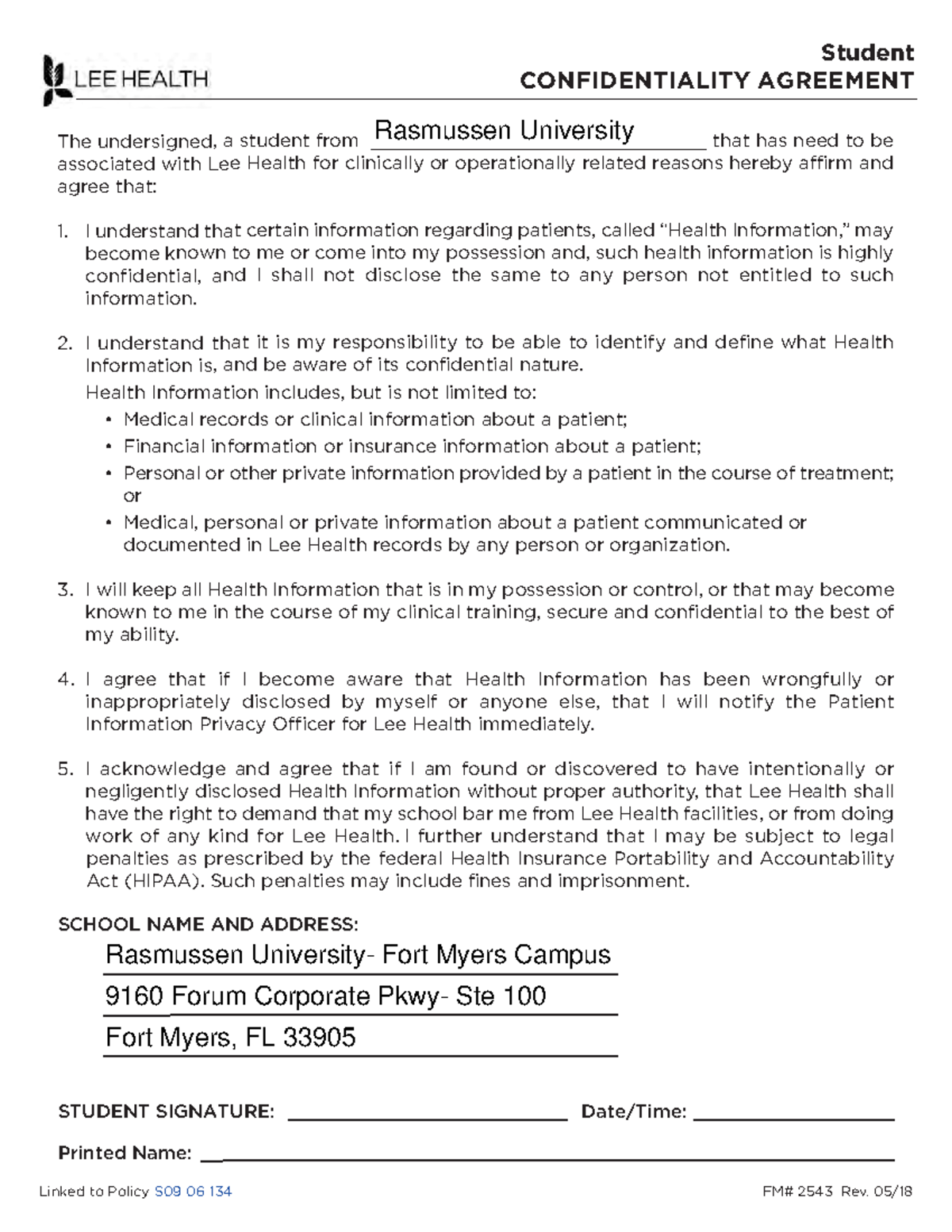 Confidentiality Agreement - Linked to Policy S09 06 134 FM# 2543 Rev ...