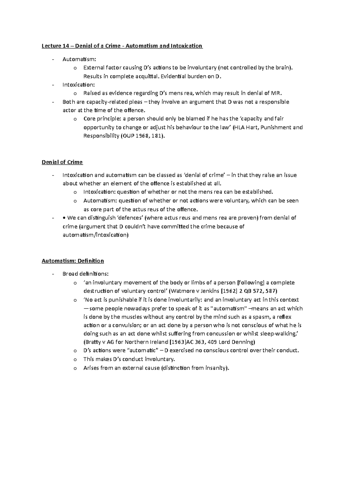 Denial of Crime: Automatism and Intoxication - Studocu