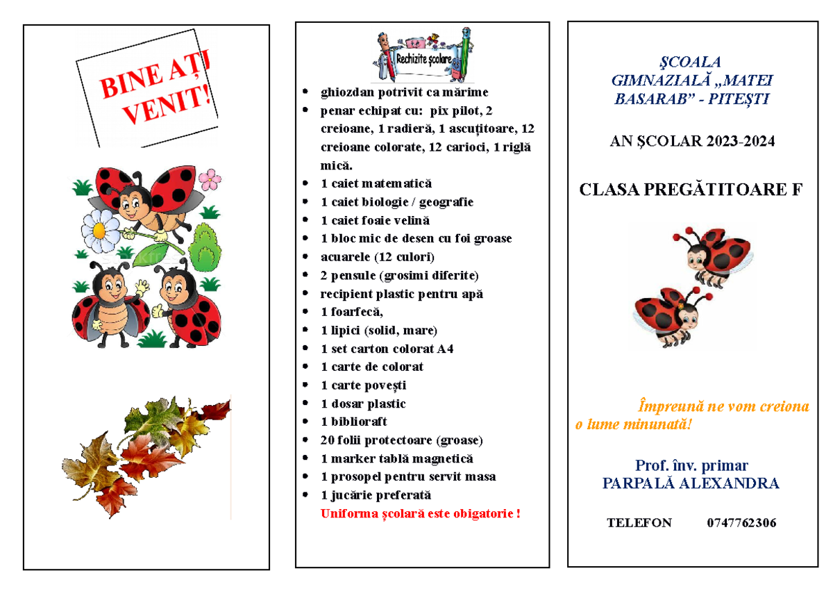 Model-pliant CP 2023-2024 - ŞCOALA GIMNAZIALĂ „MATEI BASARAB” - PITEȘTI AN ŞCOLAR 2023- CLASA ...
