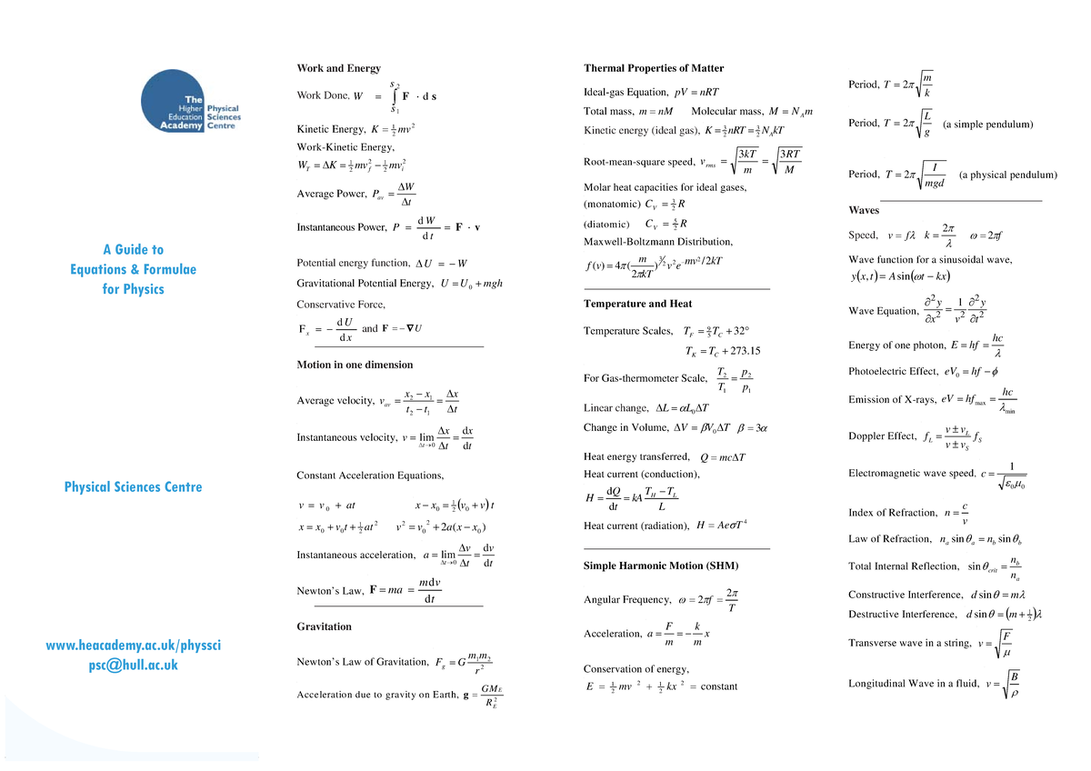 Phys Eqns - Work and Energy: Lecture notes and equations - A Guide to ...