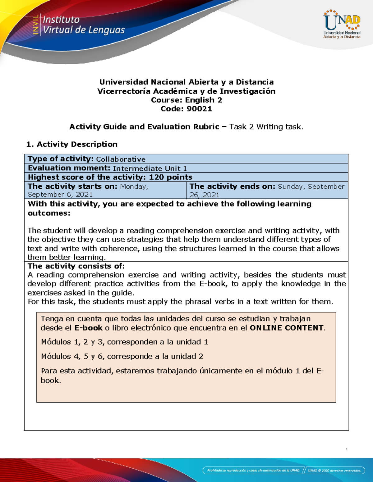 Activities guide and evaluation rubric - Unit 1 - Task 2 - Writing task ...