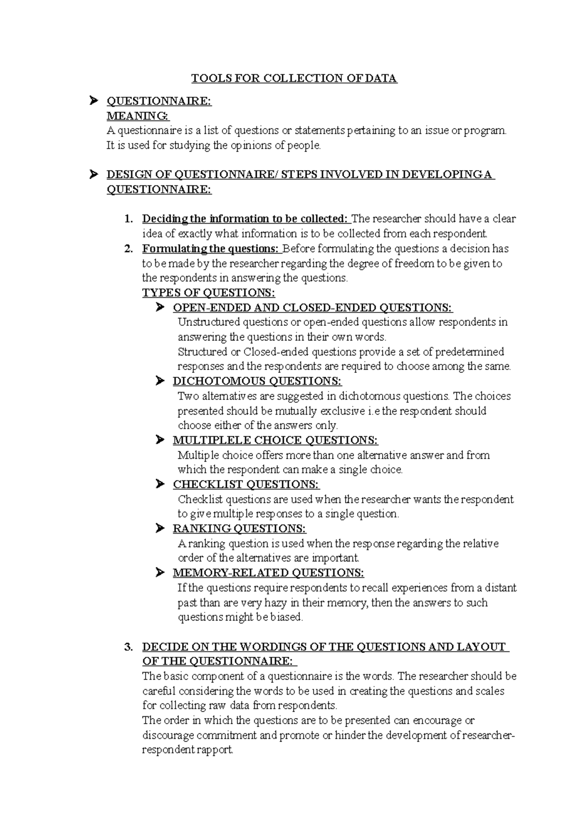 BRM 3RD Chapter - note - TOOLS FOR COLLECTION OF DATA QUESTIONNAIRE ...