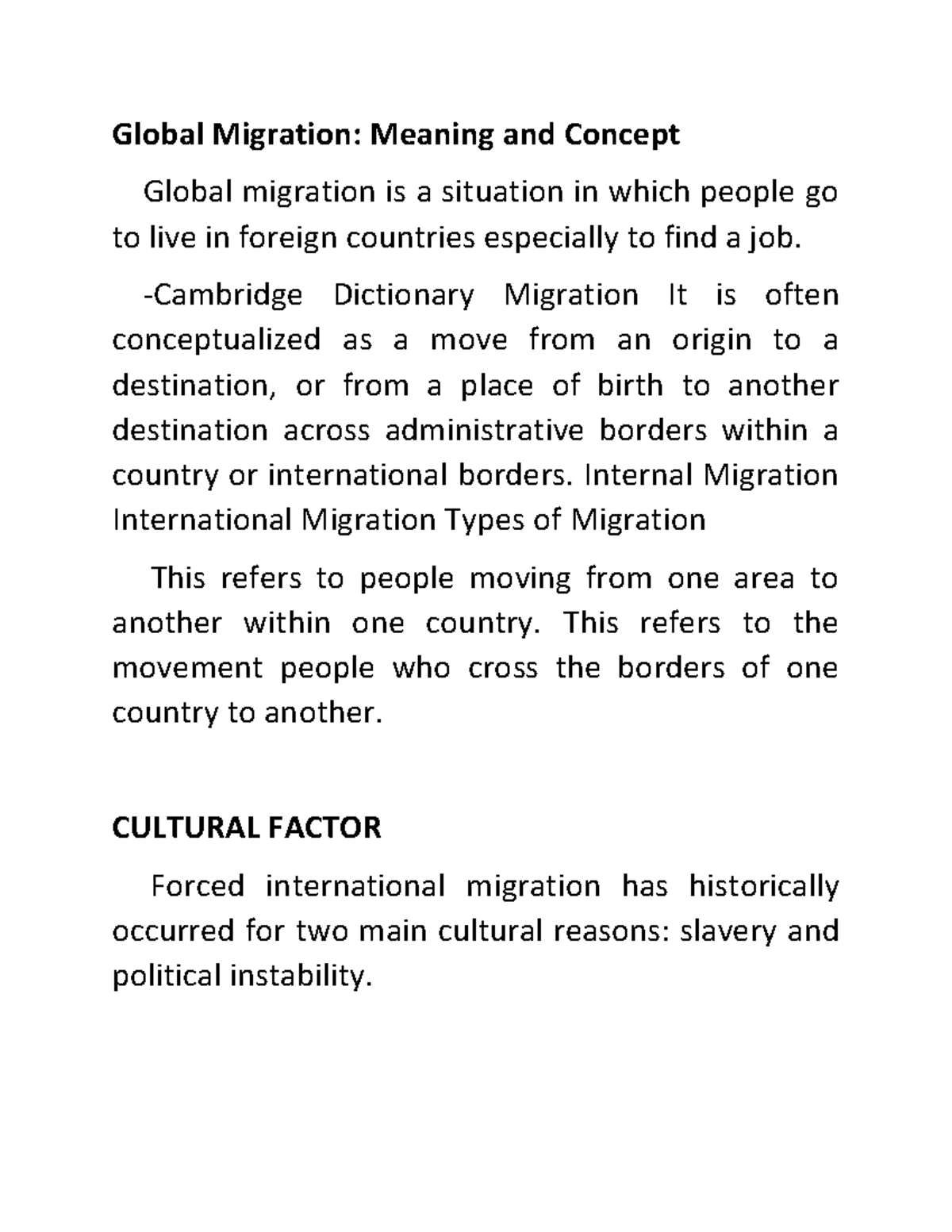 Global Migration -Cambridge Dictionary Migration It is often ...