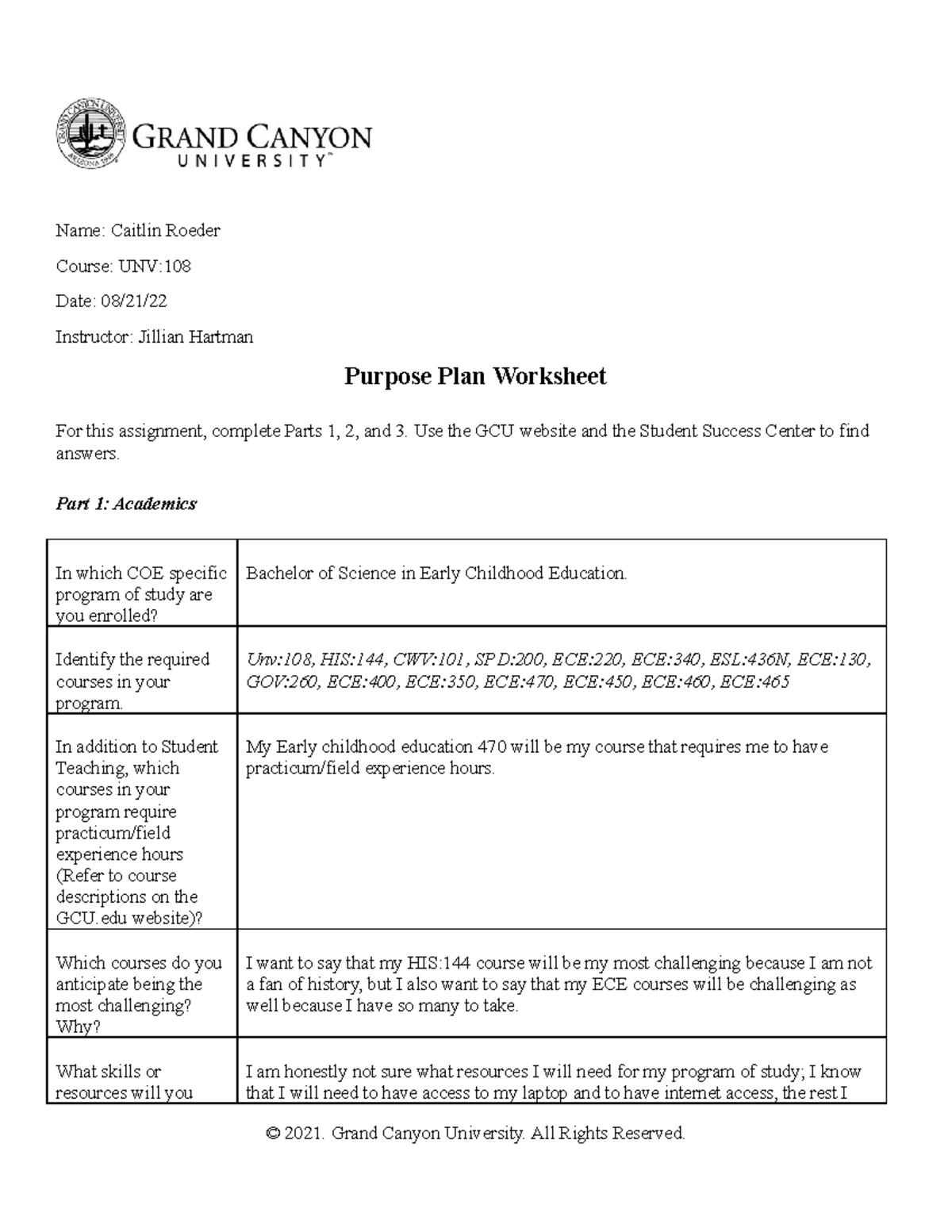 Purpose plan - This will help you during the 4th or 5th week. - Name ...