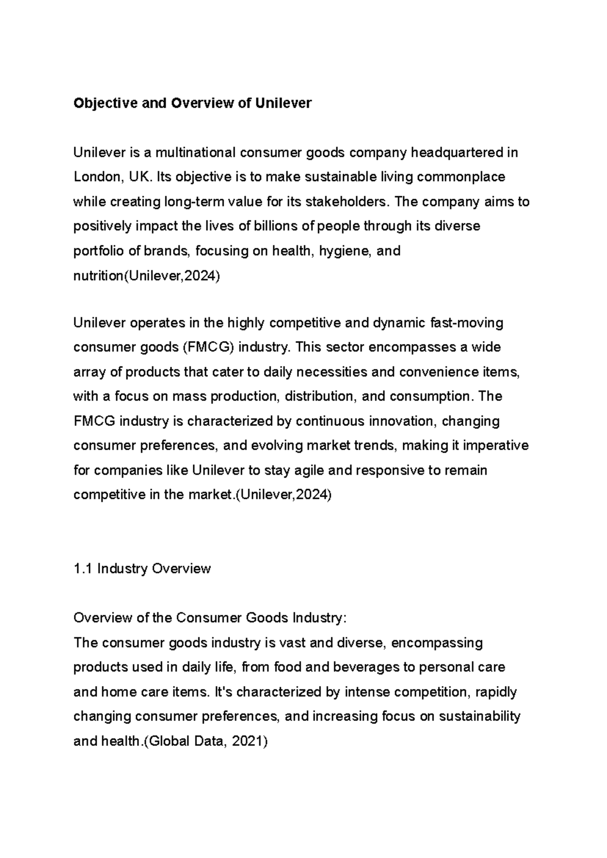Objective and Overview of Unilever - Objective and Overview of Unilever ...