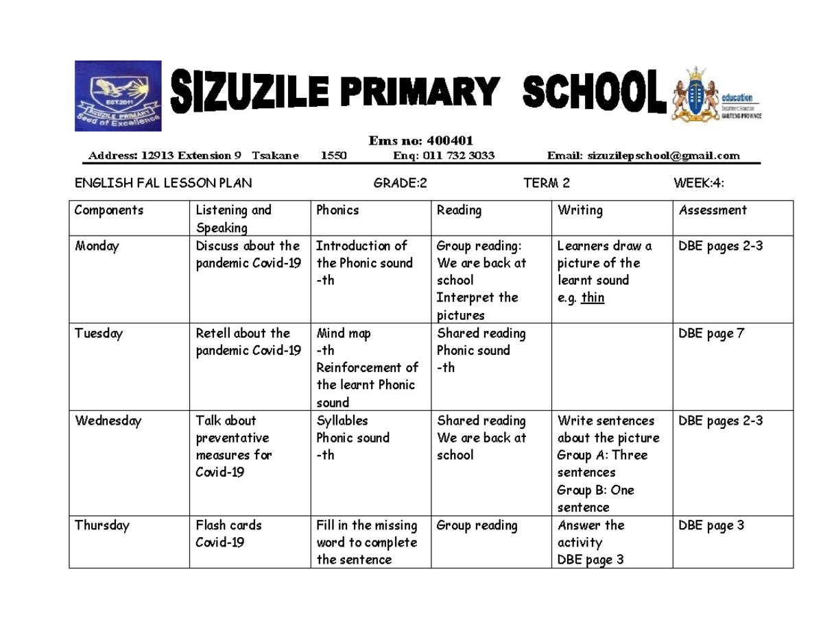 English Fal lesson plan grade 2 term 3(NBP) - Ems no: 400401 Address ...