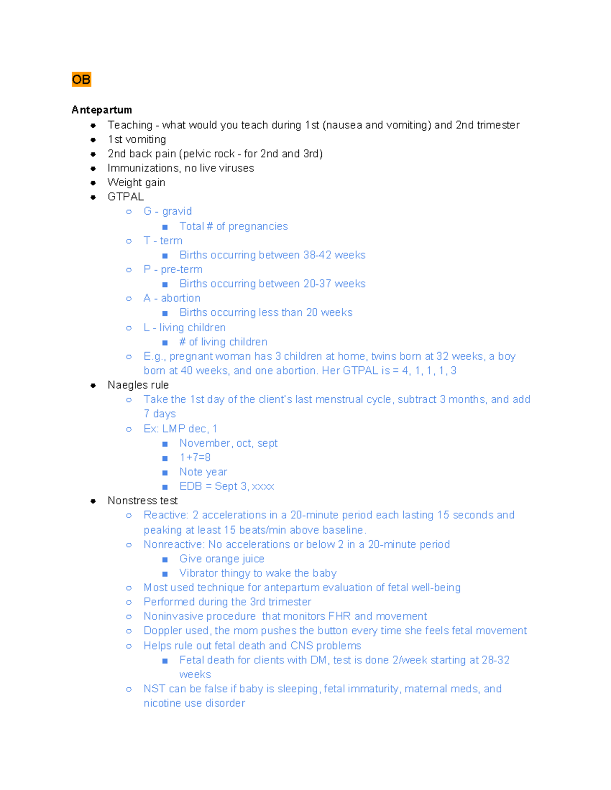 Copy of CM3 Final Exam 2 - notes - OB Antepartum Teaching - what would ...