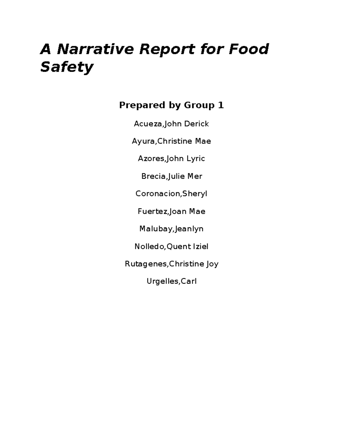 A Narrative Report for Food Safety - Bachelor of Elementary Education ...