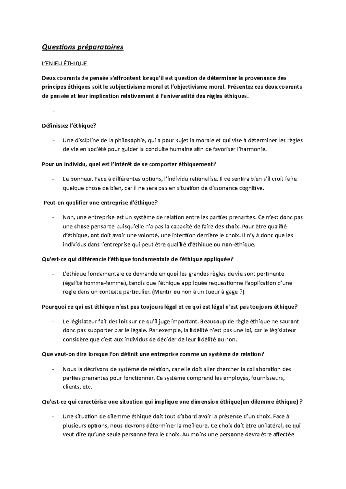 Questions préparatoires - Questions préparatoires L’ENJEU ÉTHIQUE Deux ...