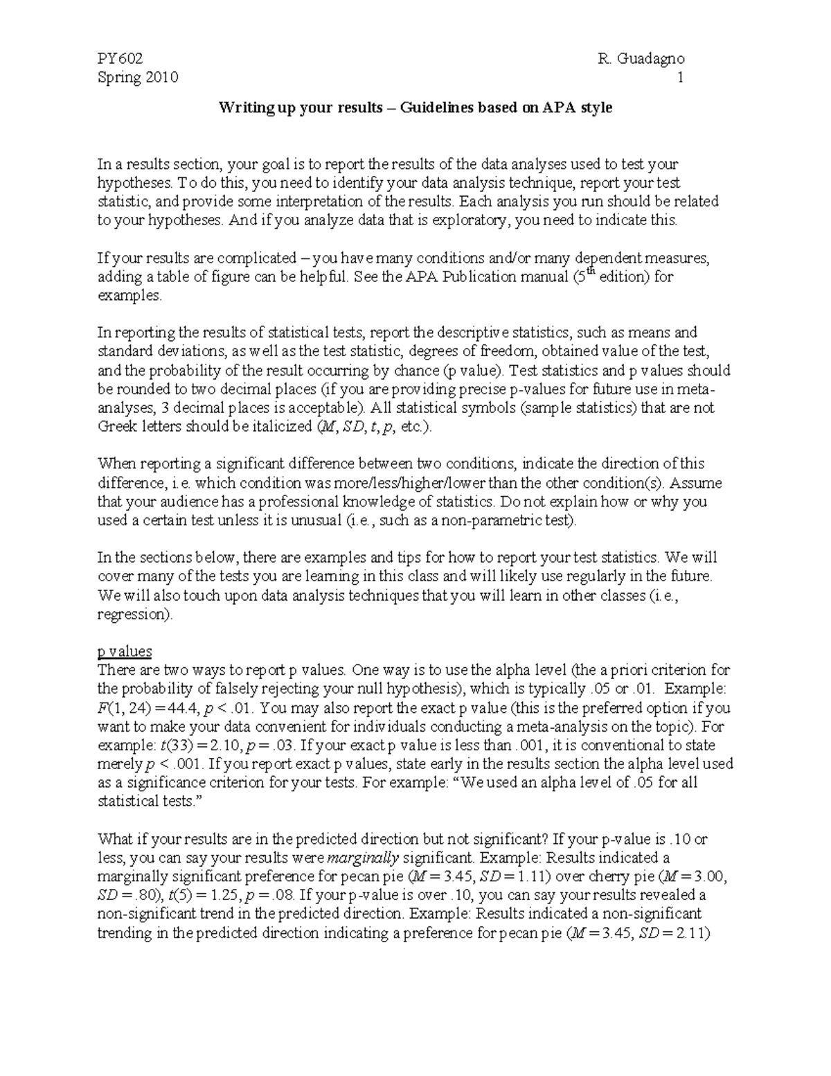 Writing up your results – Guidelines based on APA style - To do this ...