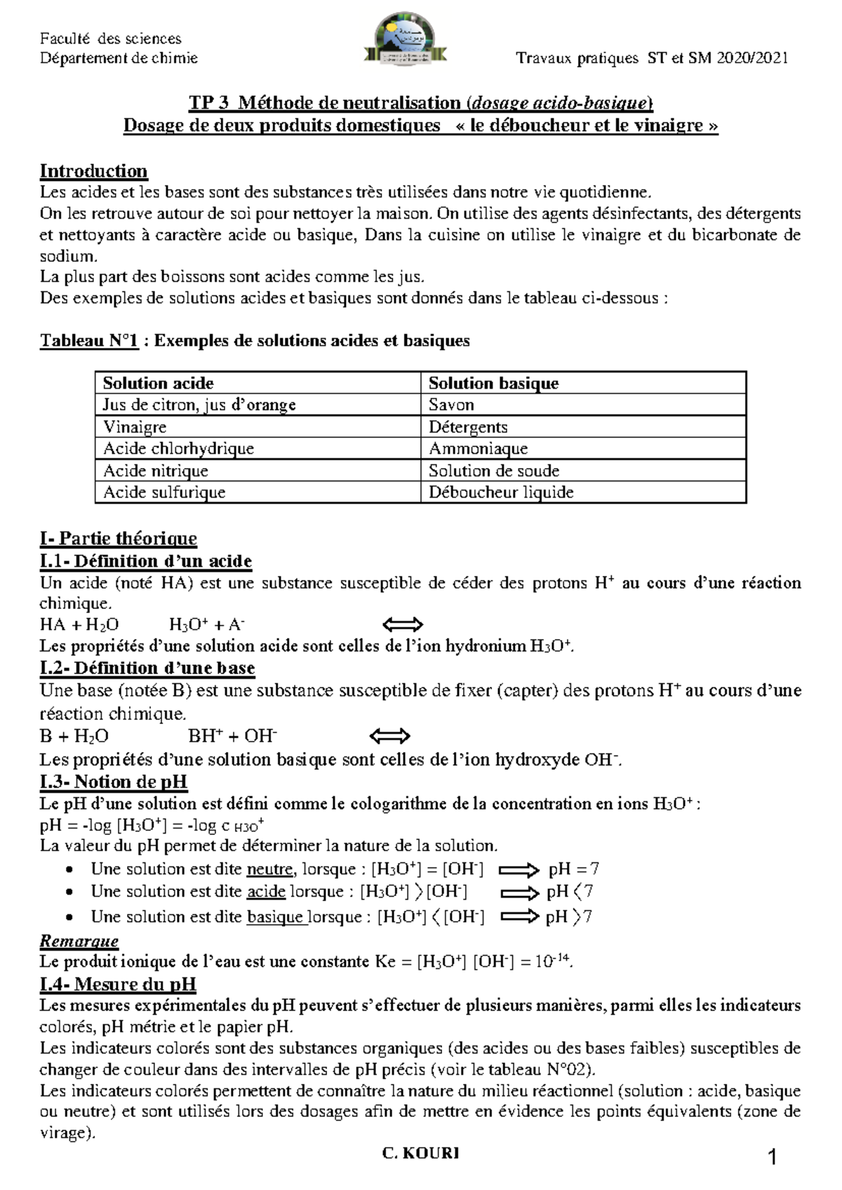 Tp-3-chimie - test - ####### Faculté des sciences ####### Département ...