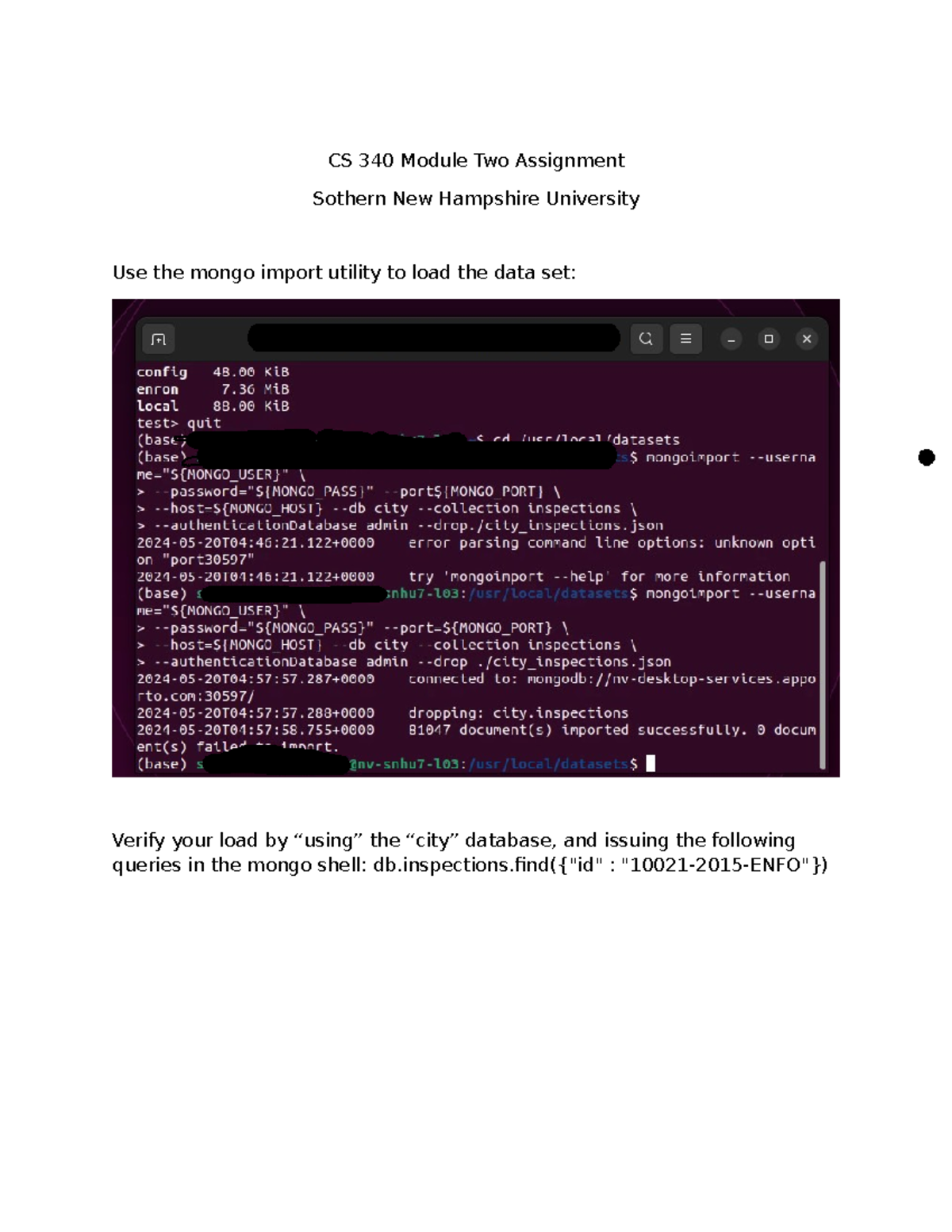 Mongo 340 Mod 02 Final study - CS 340 Module Two Assignment Sothern New Hampshire University Use ...