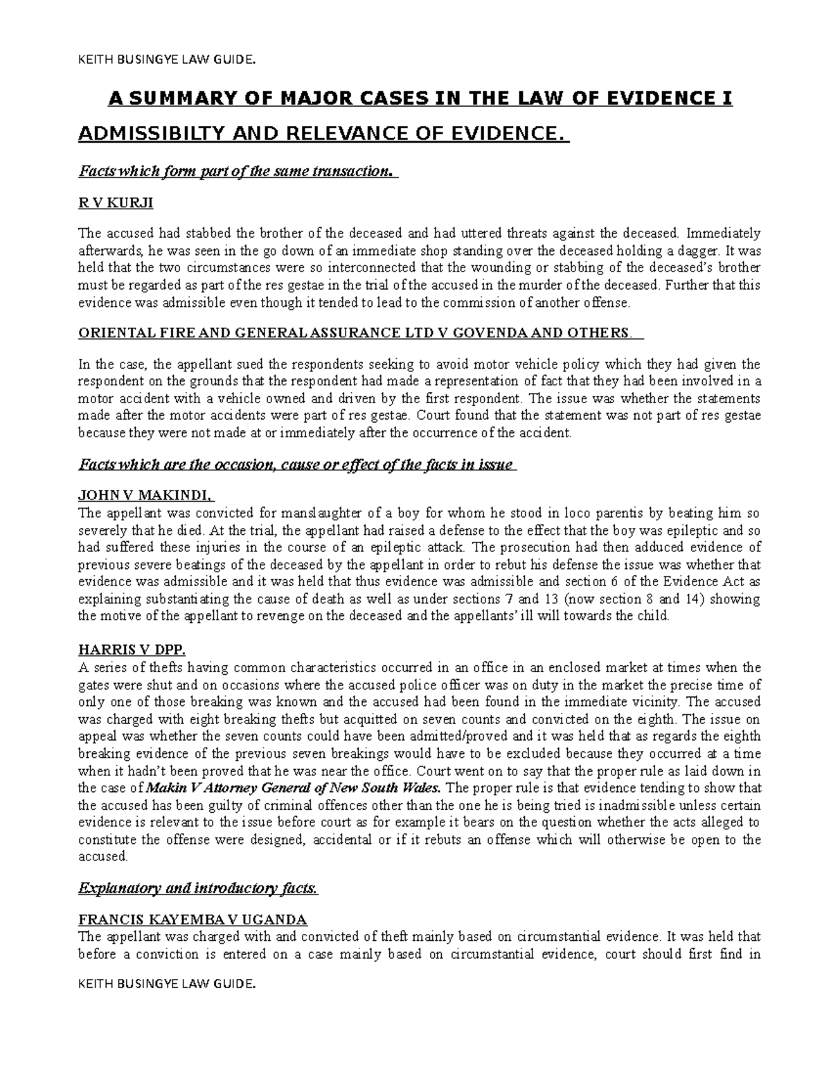 A Summary OF Major Cases IN Evidence LAW - A SUMMARY OF MAJOR CASES IN ...