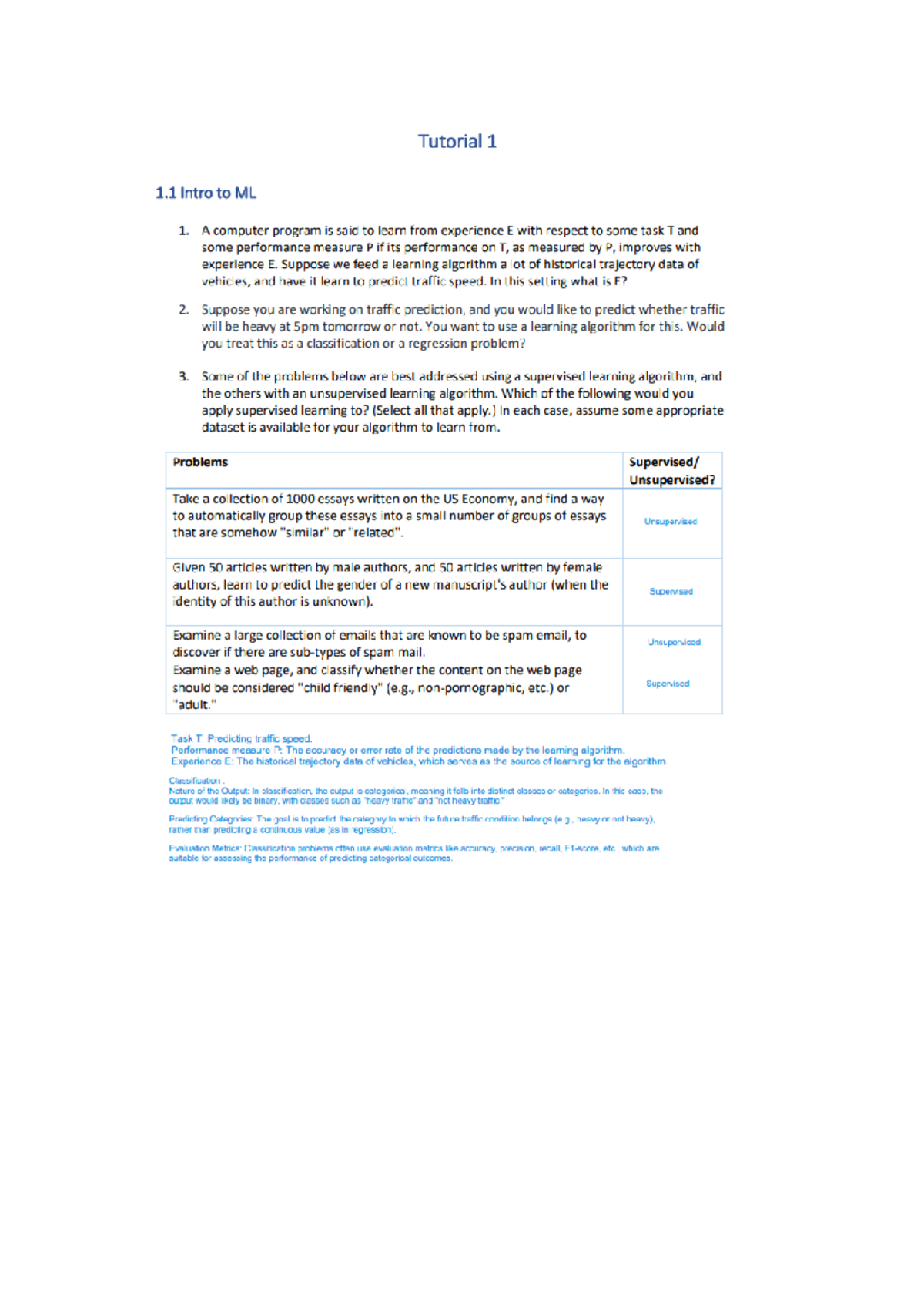 ML T1 ANS - Tutorial 1 1 Intro to ML 1. A computer program is said to ...