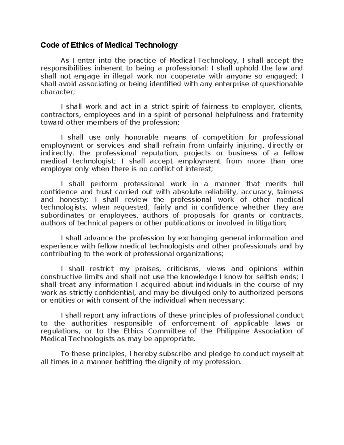 Code of Ethics of Medical Technology - To these principles, I hereby ...