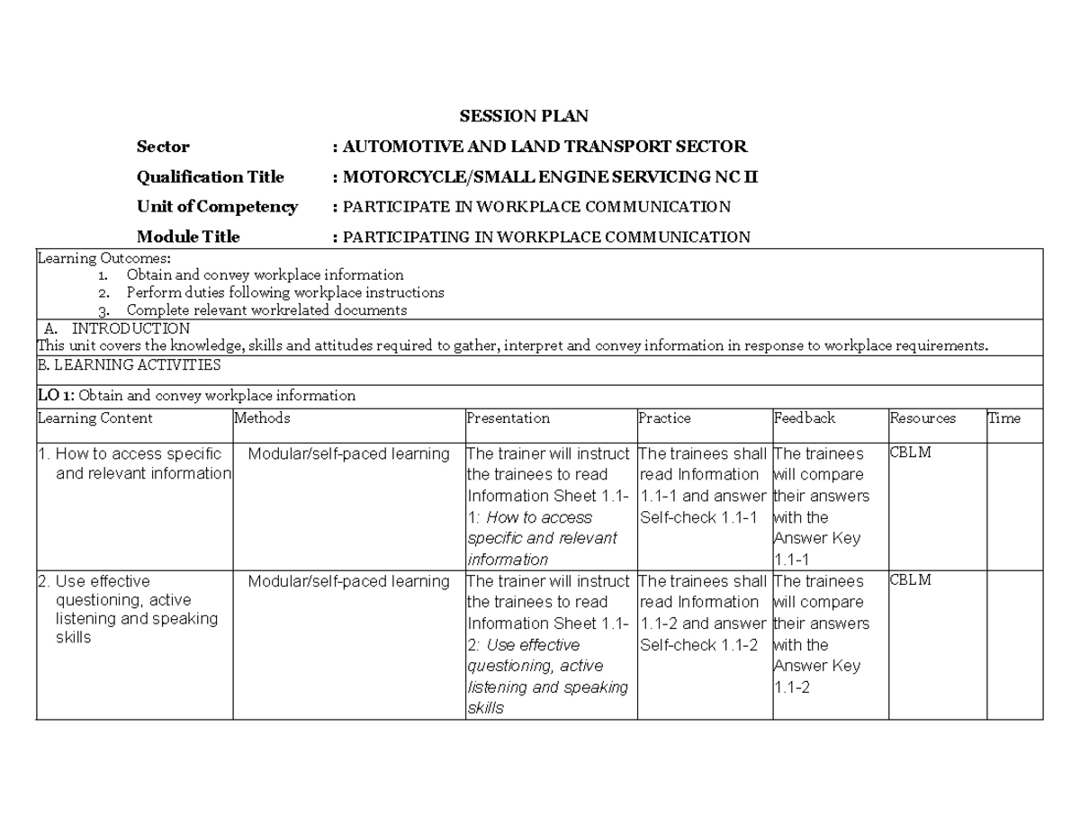 21st Basic (Small Engine) - SESSION PLAN Sector : AUTOMOTIVE AND LAND ...