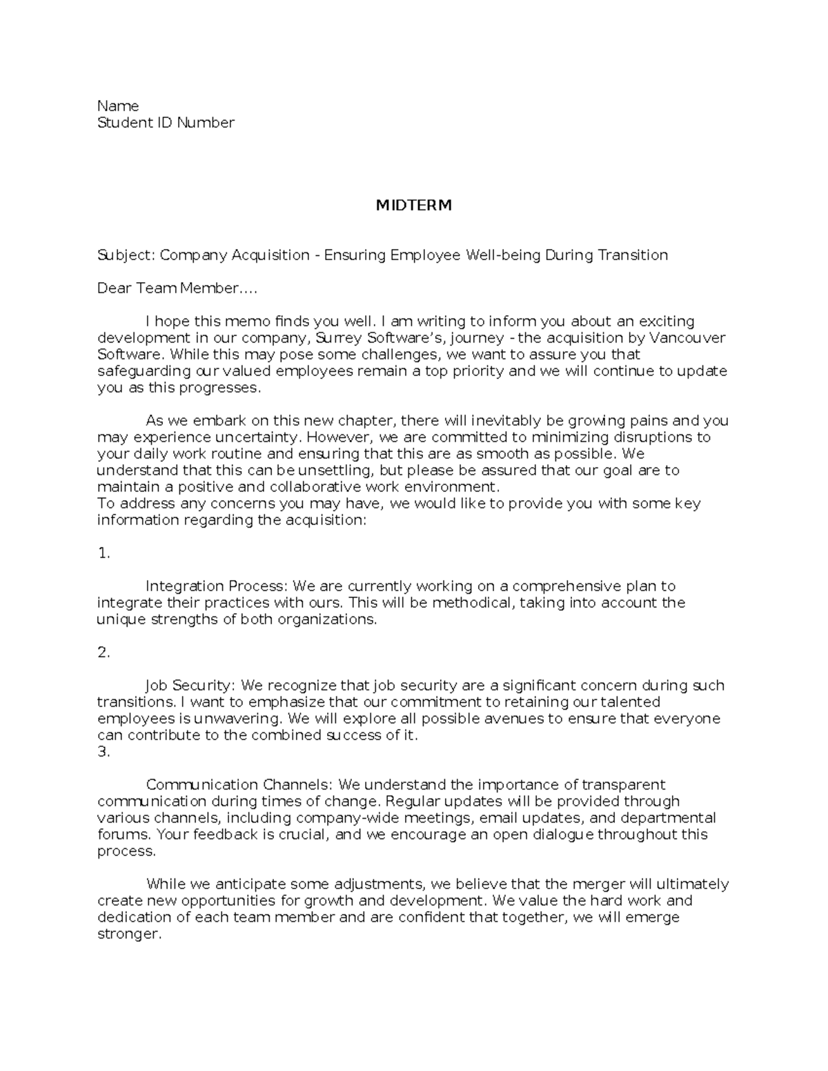 Memo Midterm - Name Student ID Number MIDTERM Subject: Company ...