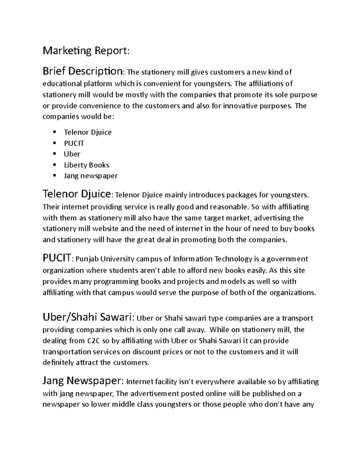 Marketing Report - Marketing Report: Brief Description: The stationery ...