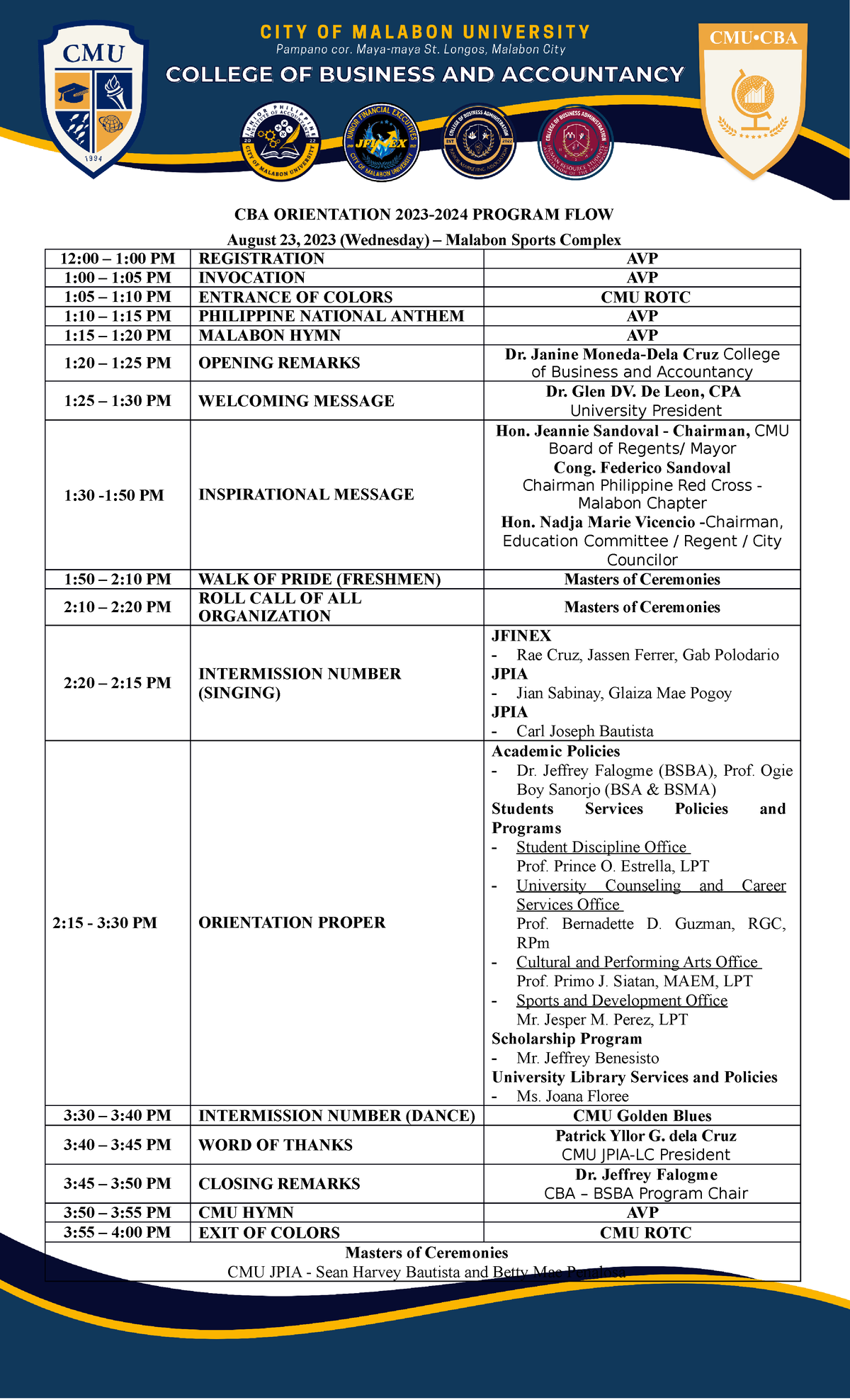Orientation Script - CBA ORIENTATION 2023-2024 PROGRAM FLOW August 23, 2023 (Wednesday ...