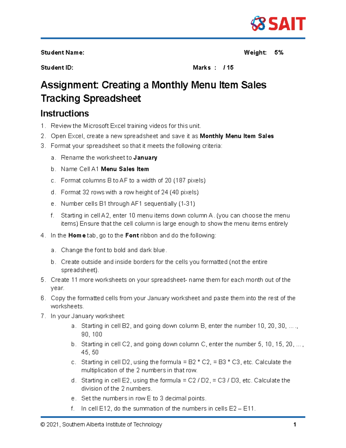 Assignment Creating a Monthly Menu Item Sales Spreadsheet - Student ...