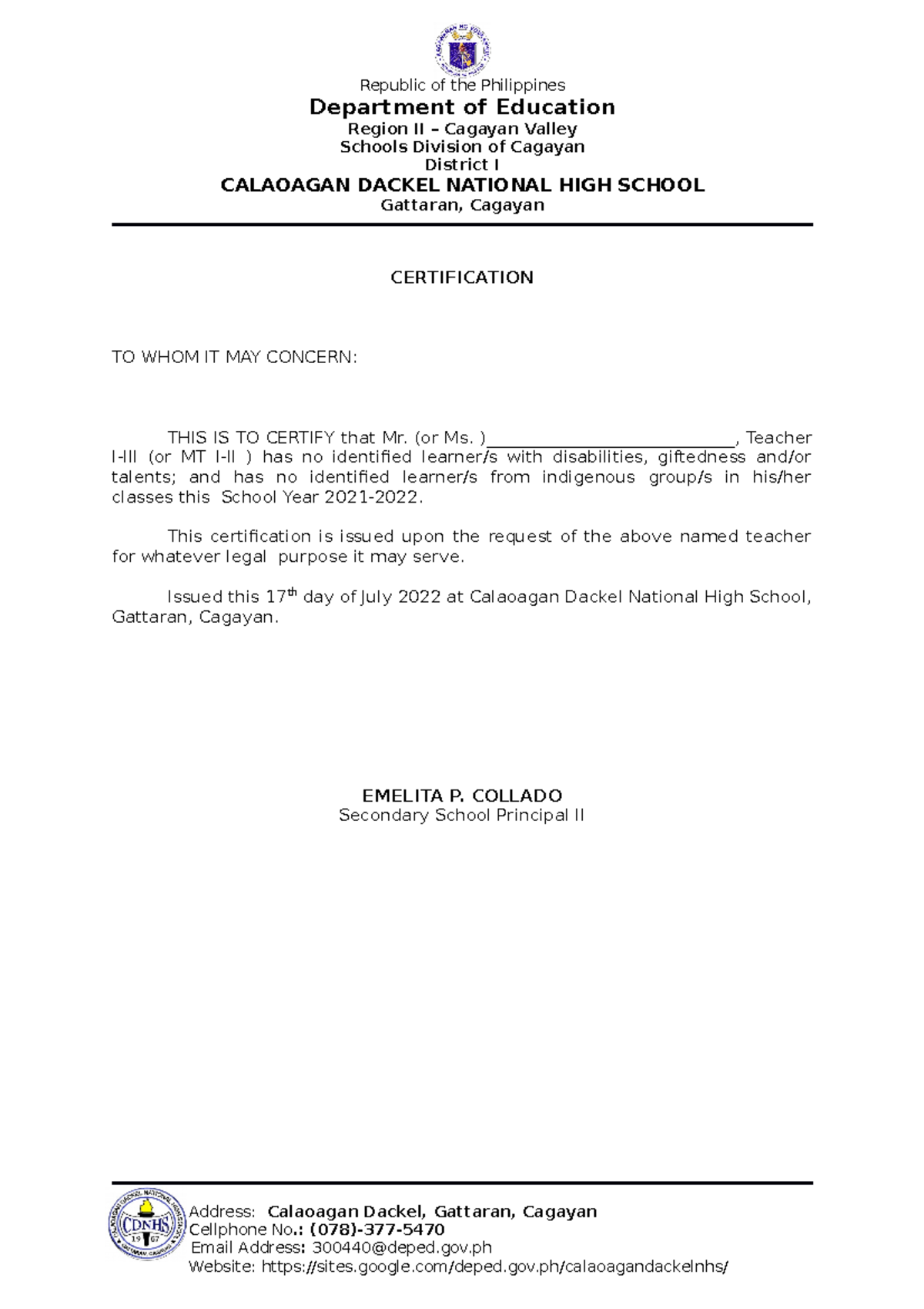 Cerification of having no disabilities - Republic of the Philippines ...