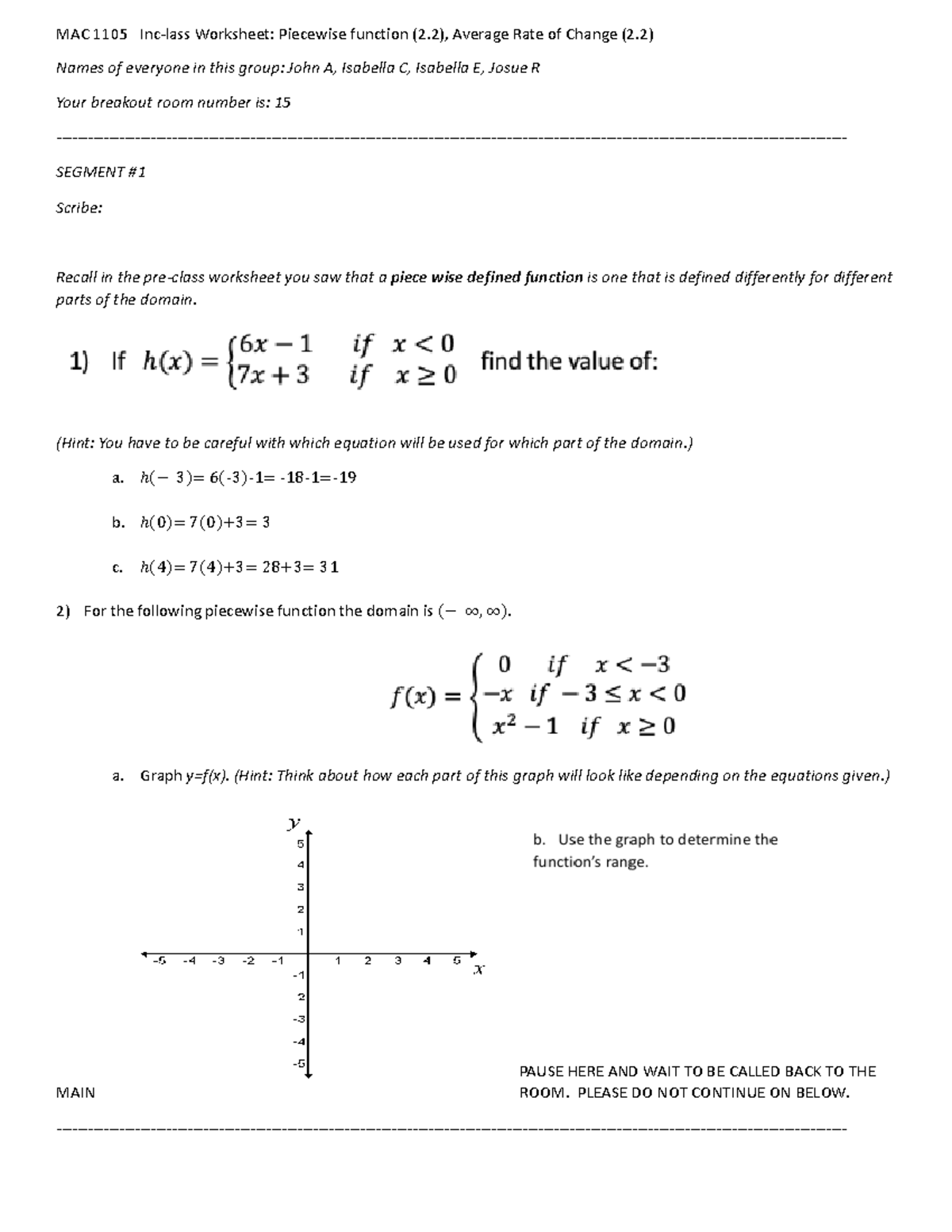 In class 4a - MAC 1105 Inc-lass Worksheet: Piecewise function (2), Average Rate of Change (2 ...